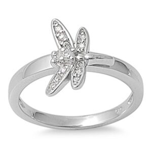 clear cz polished dragonfly butterfly ring .925 sterling silver band size 6