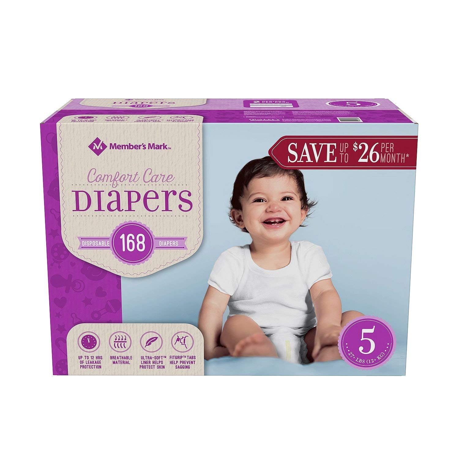 Member's Mark Comfort Care Baby Diapers Size 5-168 Count (27+lbs.)