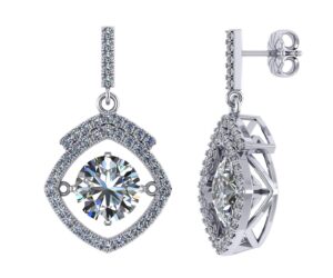 central diamond center square halo dancing gemstone dangle earrings sterling silver with pure brilliance cz, platinum plated