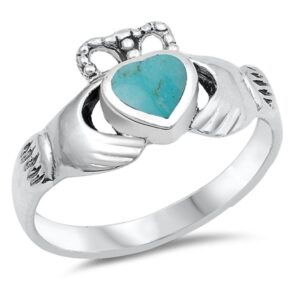 simulated turquoise polished claddagh heart ring new .925 sterling silver band size 7