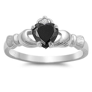 black simulated cz unique elegant claddagh ring new .925 sterling silver band size 10