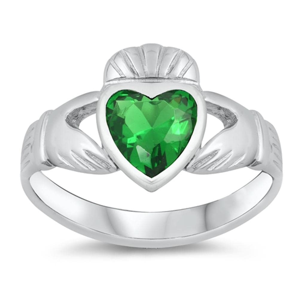 Simulated Emerald Classic Claddagh Heart Ring New .925 Sterling Silver Band Size 4