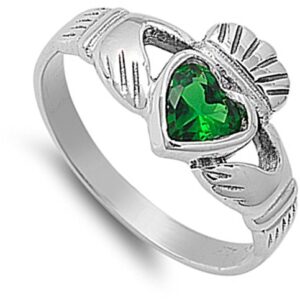 Simulated Emerald Classic Claddagh Heart Ring New .925 Sterling Silver Band Size 4