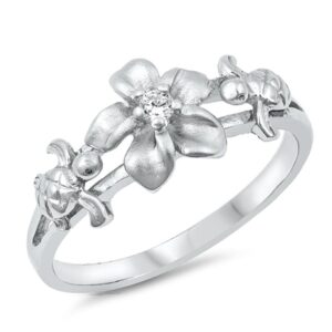 clear cz turtle hawaiian tropical flower ring sterling silver band size 8