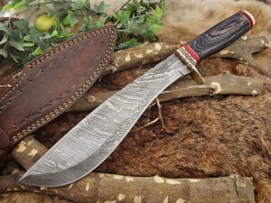 damascus steel hunting bowie knife 14.5 inches custom made hand forged with 10" blade, 2 tone green wood with engraved brass scale, thick cow hide leather sheath with belt loop (black)