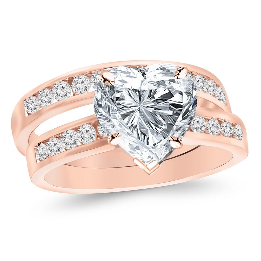 14K Rose Gold 1.2 CTW Classic Channel Set Wedding Set Bridal Band & Diamond Engagement Ring w/ 0.5 Ct Heart Cut I Color VS2 Clarity Center