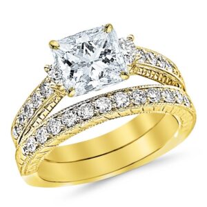 14k yellow gold 1.62 ctw three stone vintage with milgrain & filigree bridal set with wedding band & diamond engagement ring w/ 0.59 ct gia certified princess cut f color vs2 clarity center