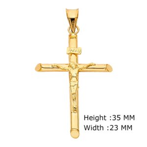 14K Yellow Gold Jesus Engraved Cross Pendant - Crucifix Charm Polish Finish - Handmade Spiritual Symbol - Gold Stamped Fine Jewelry - Great Gift for Men & Women, 35 x 23 mm, 1.3 gms