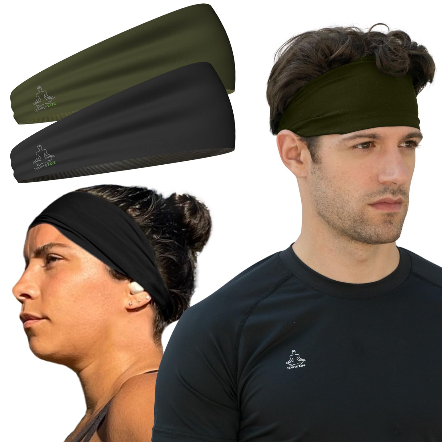 Temple Tape Headband, Sweatband and Sports Headbands Moisture Wicking Workout Sweatbands for Running, Crossfit, Skiing and Bike Helmet Friendly, 2 Piece