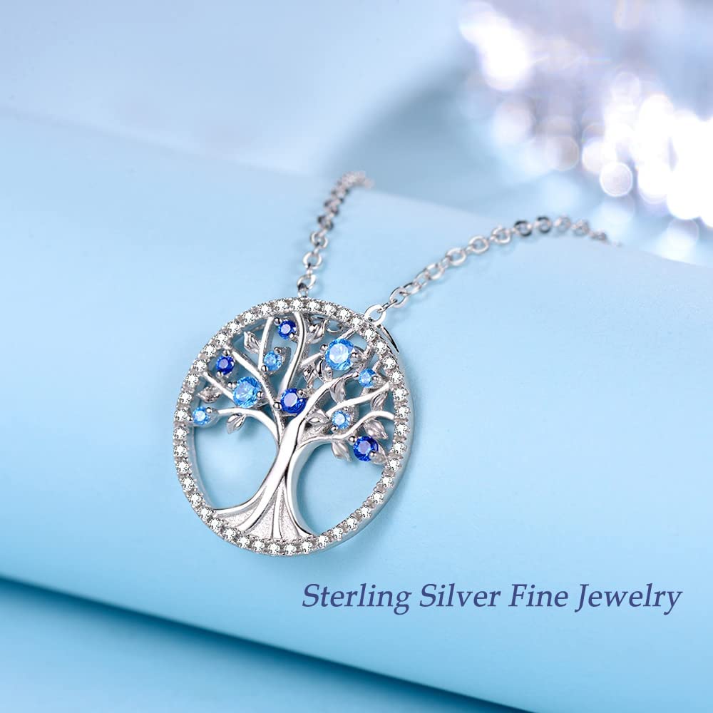 Tree of Life Jewelry for Wife Mom Birthday Gifts September Birthstone Blue Sapphire Necklace Jewelry Her Sterling Silver Necklace