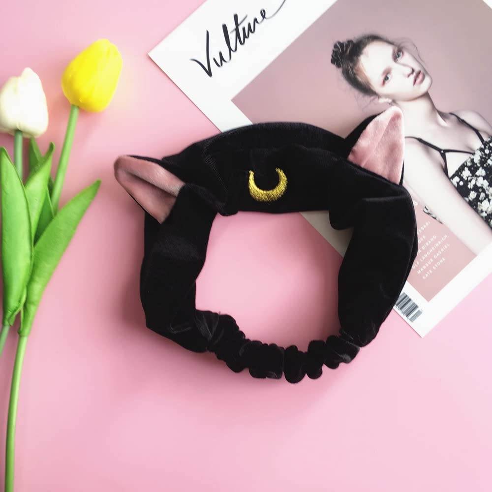 Ziper Cute Cat Usagi Moon Cosmetic Hairband shower headband (Black)