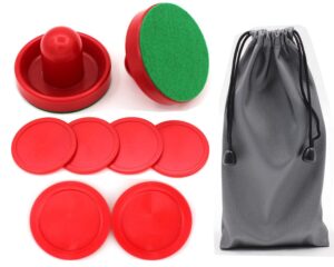 qtimal home standard air hockey paddles and 2 size pucks, small size for kids, large size for adult, great goal handles pushers replacement accessories for game tables (2 striker, 6 puck pack)