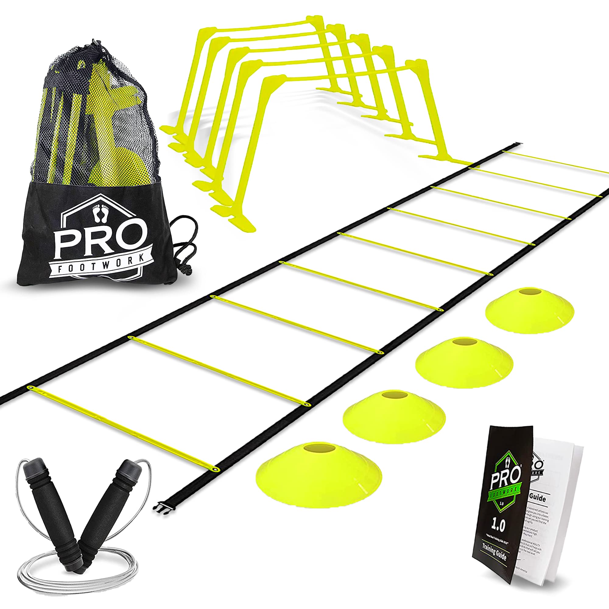 Agility Ladder Speed Training Equipment Includes 5 Adjustable Speed Hurdles Agility Speed Ladder, Jump Rope, Cones, Soccer Training Equipment for Kids - Football Training Equipment or Training Ladder