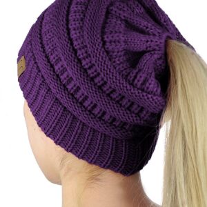 C.C BeanieTail Soft Stretch Cable Knit Messy High Bun Ponytail Beanie Hat, Purple