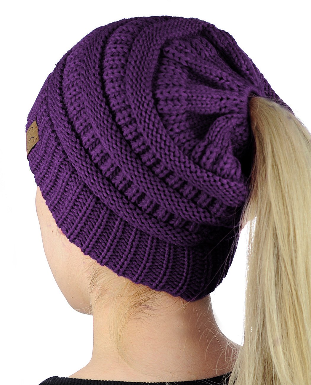 C.C BeanieTail Soft Stretch Cable Knit Messy High Bun Ponytail Beanie Hat, Purple