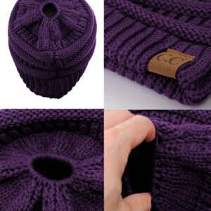 C.C BeanieTail Soft Stretch Cable Knit Messy High Bun Ponytail Beanie Hat, Purple