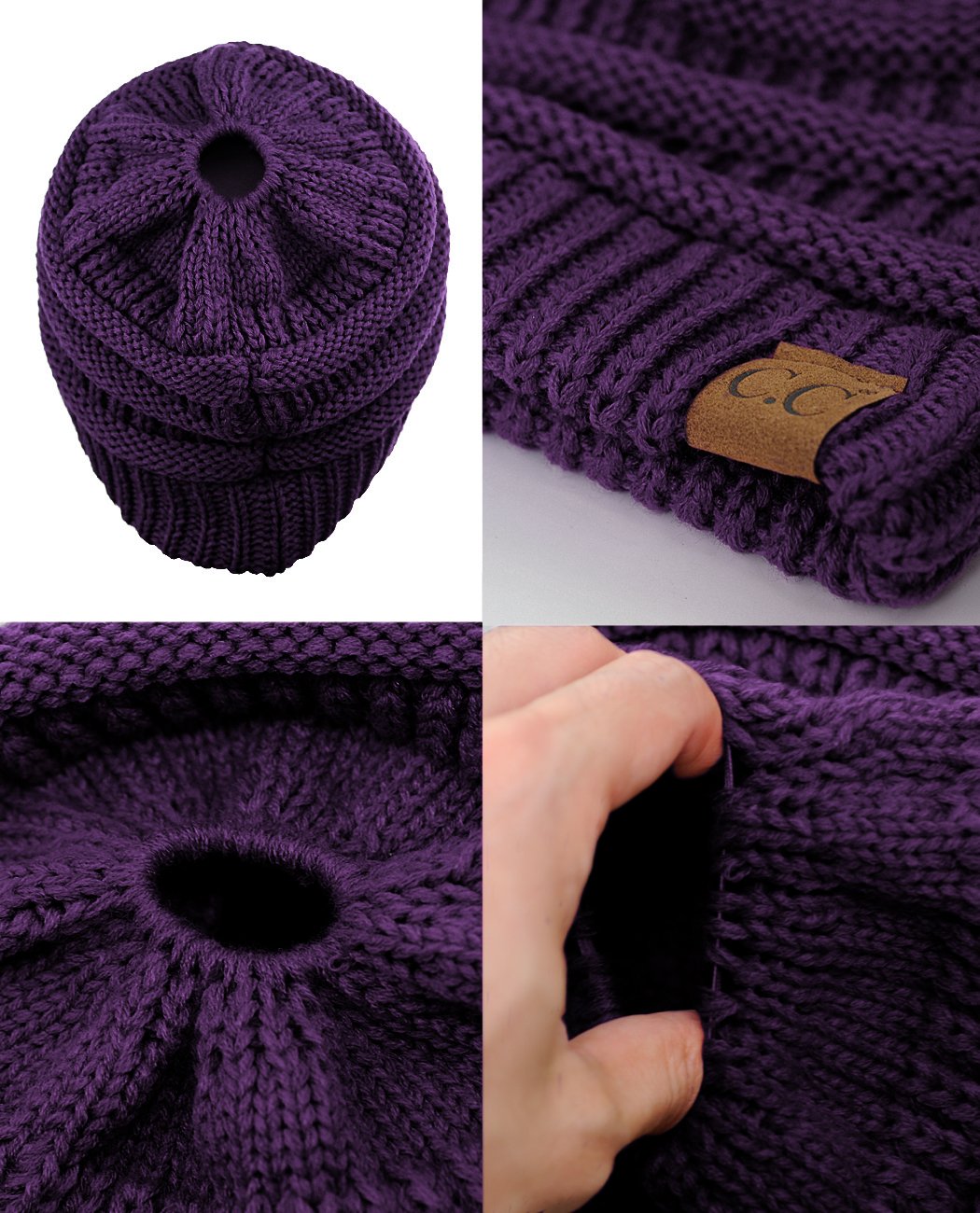 C.C BeanieTail Soft Stretch Cable Knit Messy High Bun Ponytail Beanie Hat, Purple