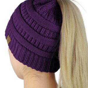 C.C BeanieTail Soft Stretch Cable Knit Messy High Bun Ponytail Beanie Hat, Purple