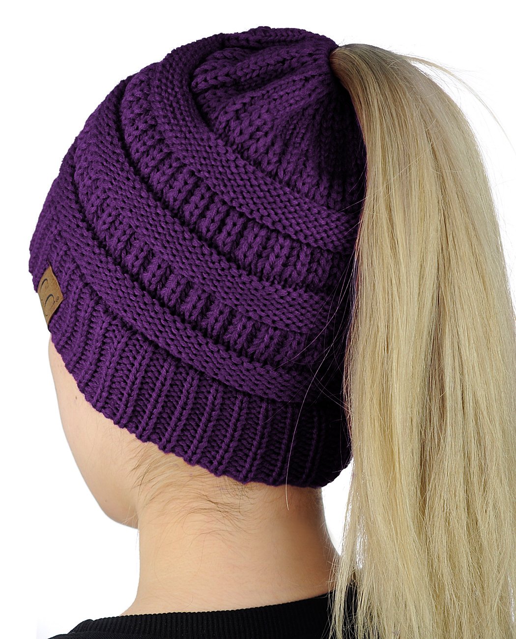 C.C BeanieTail Soft Stretch Cable Knit Messy High Bun Ponytail Beanie Hat, Purple