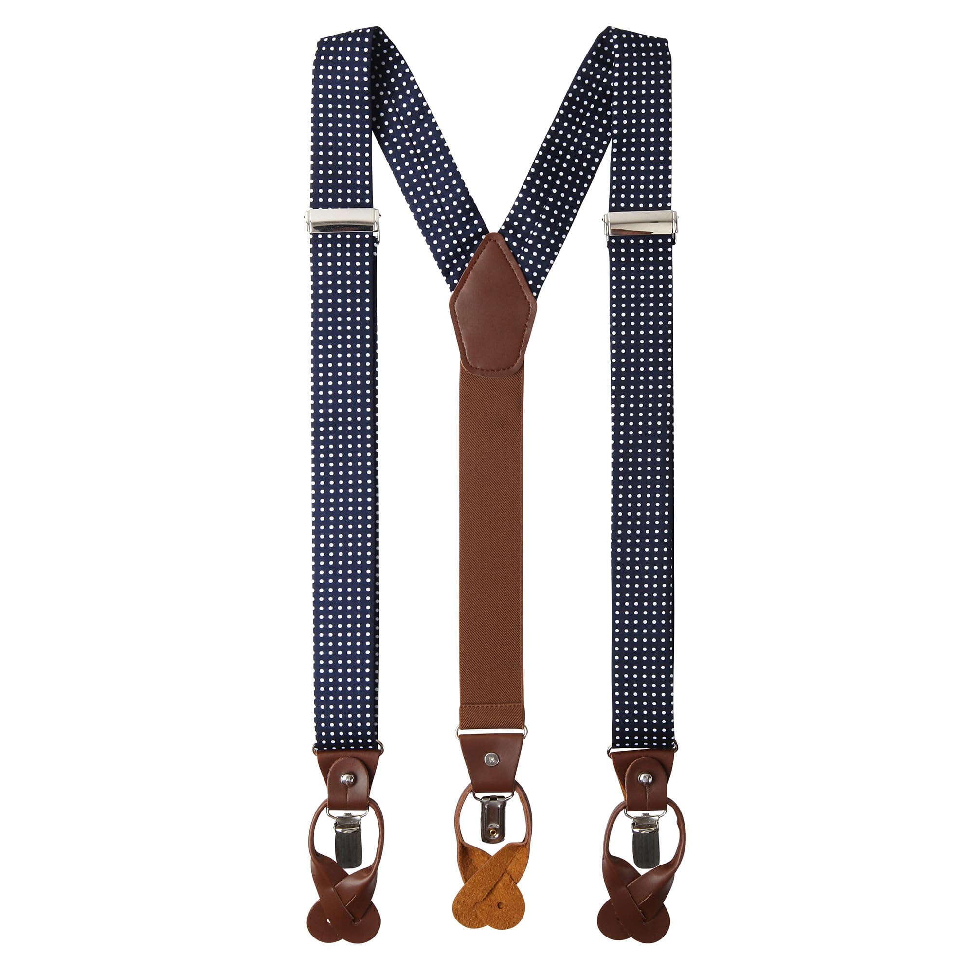 Jacob Alexander Men's Polka Dot Y-Back Suspenders Braces Convertible Leather Ends and Clips - Navy