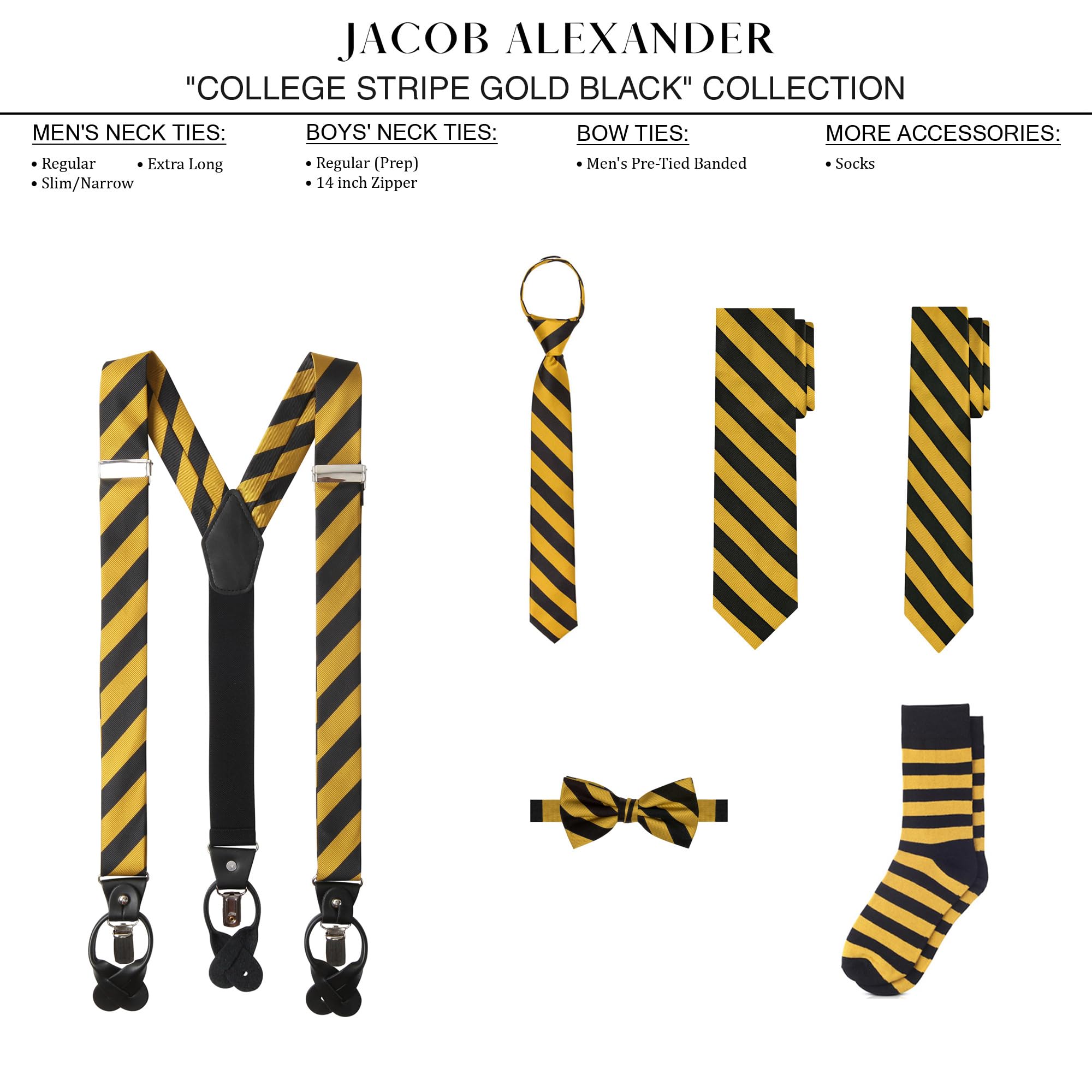 Jacob Alexander Men's College Stripe Y-Back Suspenders Braces Convertible Leather Ends and Clips - Gold Black