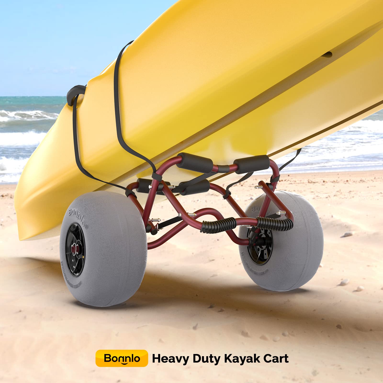 Bonnlo Kayak Cart Trolley Canoe Paddle Board Boat Cart Carrier Dolly with 12" Big Beach Wheels Balloon Kayak Transport Wheels Cart Foldable, Free Pump, 2 Ratchet Straps- Perfect for Soft Sand (Red)