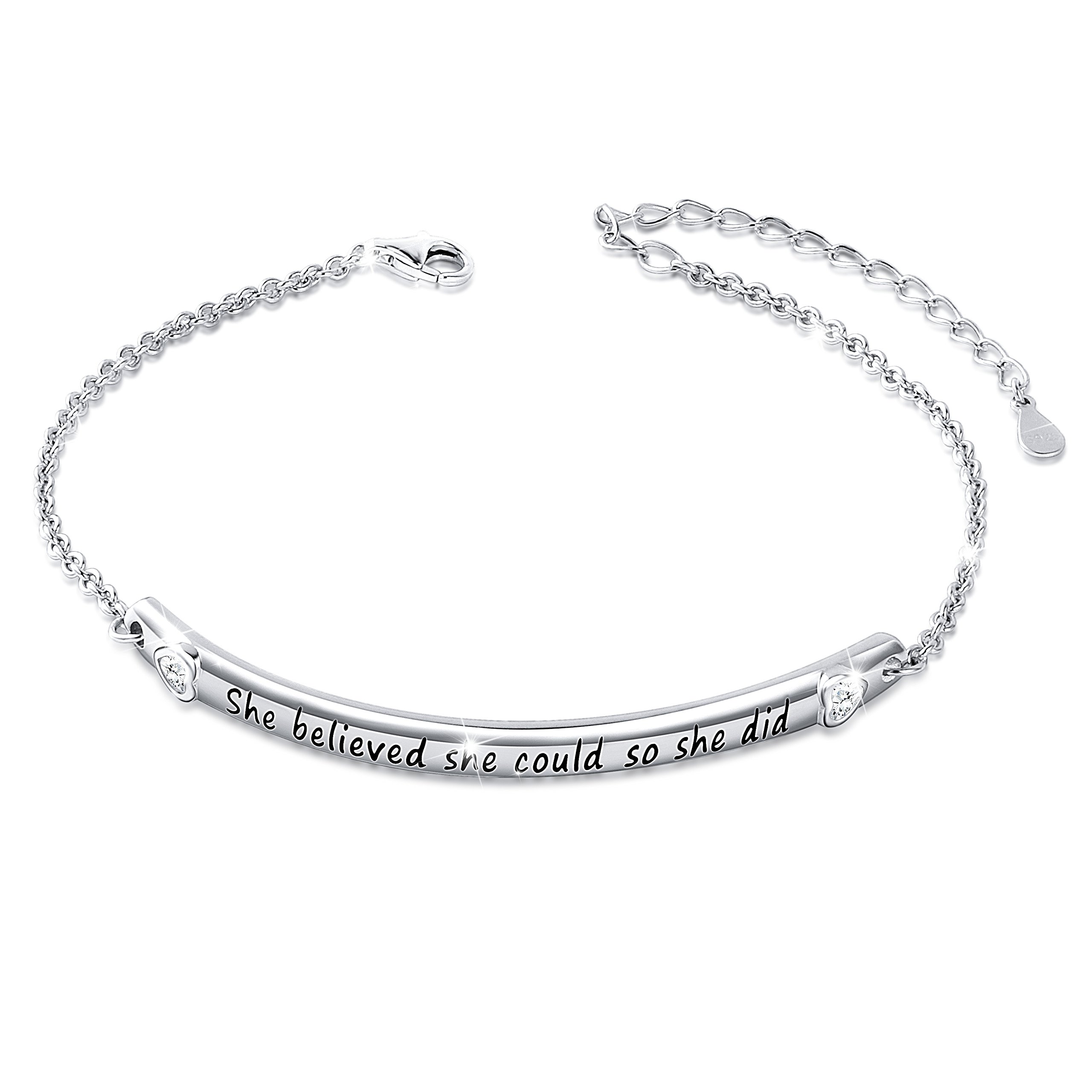 DAOCHONG Sterling Silver Engraved Inspirational Adjustable Bracelet “She Believed She Could So She Did” Gift for Her, Women, Friendship