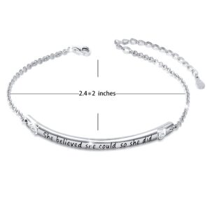 DAOCHONG Sterling Silver Engraved Inspirational Adjustable Bracelet “She Believed She Could So She Did” Gift for Her, Women, Friendship