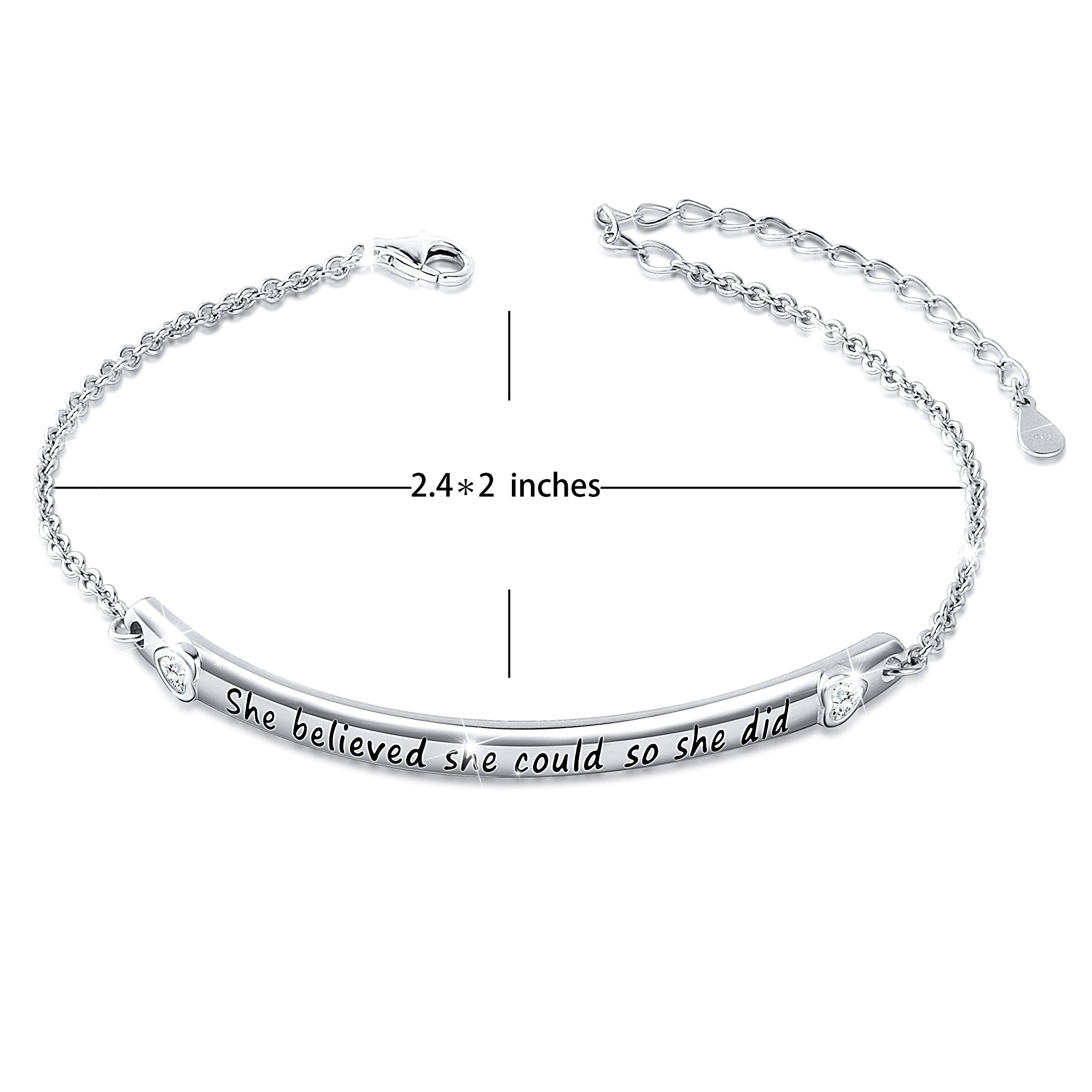 DAOCHONG Sterling Silver Engraved Inspirational Adjustable Bracelet “She Believed She Could So She Did” Gift for Her, Women, Friendship