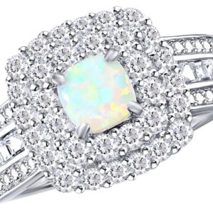 AFFY Simulated White Opal and White Sapphire Double Halo Ring in 14k White Gold Over Sterling Silver Ring Size-10