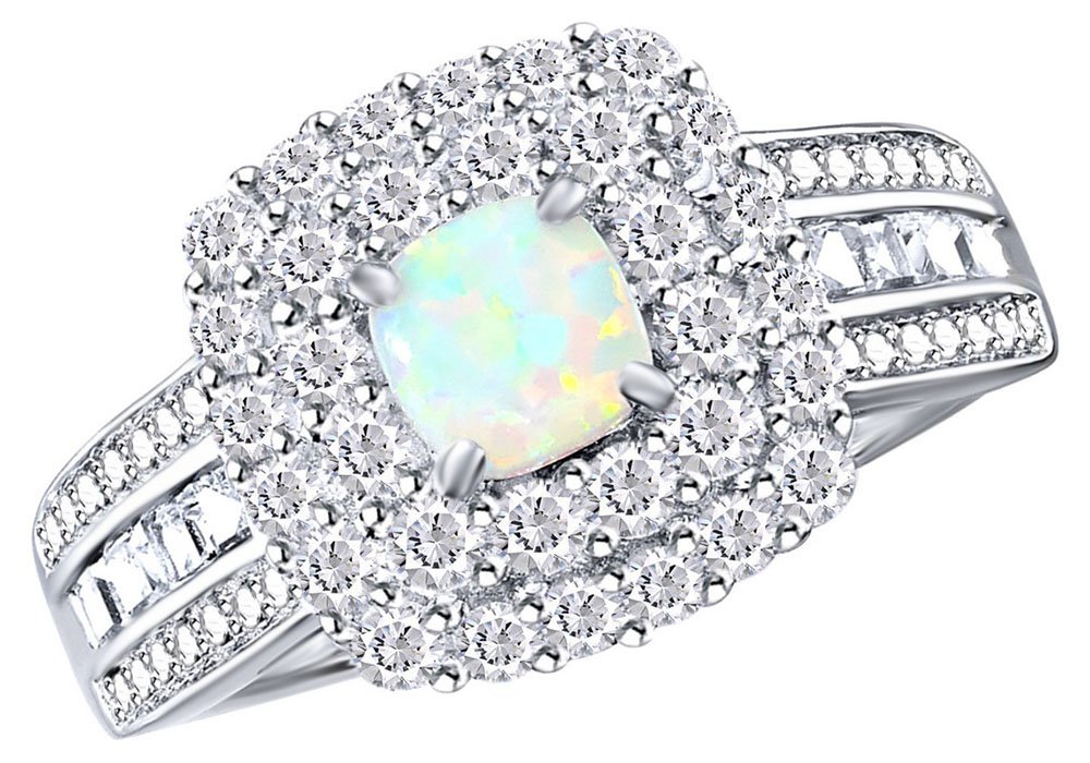 AFFY Simulated White Opal and White Sapphire Double Halo Ring in 14k White Gold Over Sterling Silver Ring Size-10