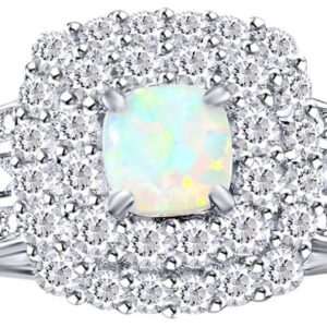 AFFY Simulated White Opal and White Sapphire Double Halo Ring in 14k White Gold Over Sterling Silver Ring Size-10