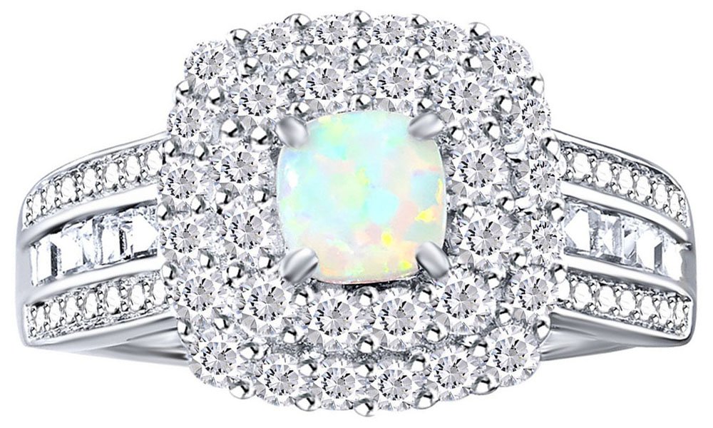 AFFY Simulated White Opal and White Sapphire Double Halo Ring in 14k White Gold Over Sterling Silver Ring Size-10