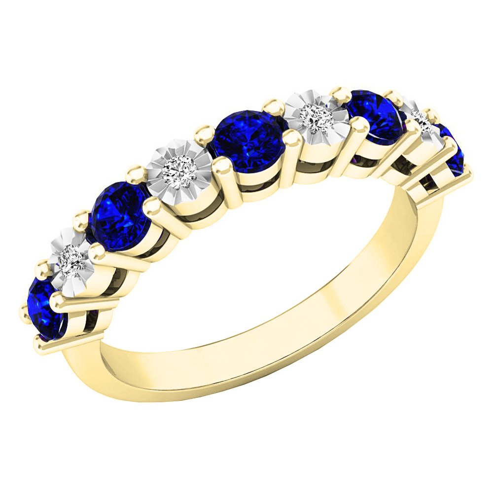 Dazzlingrock Collection 14K Round Blue Sapphire & White Diamond Bridal Wedding Band Anniversary Ring, Yellow Gold, Size 9.5