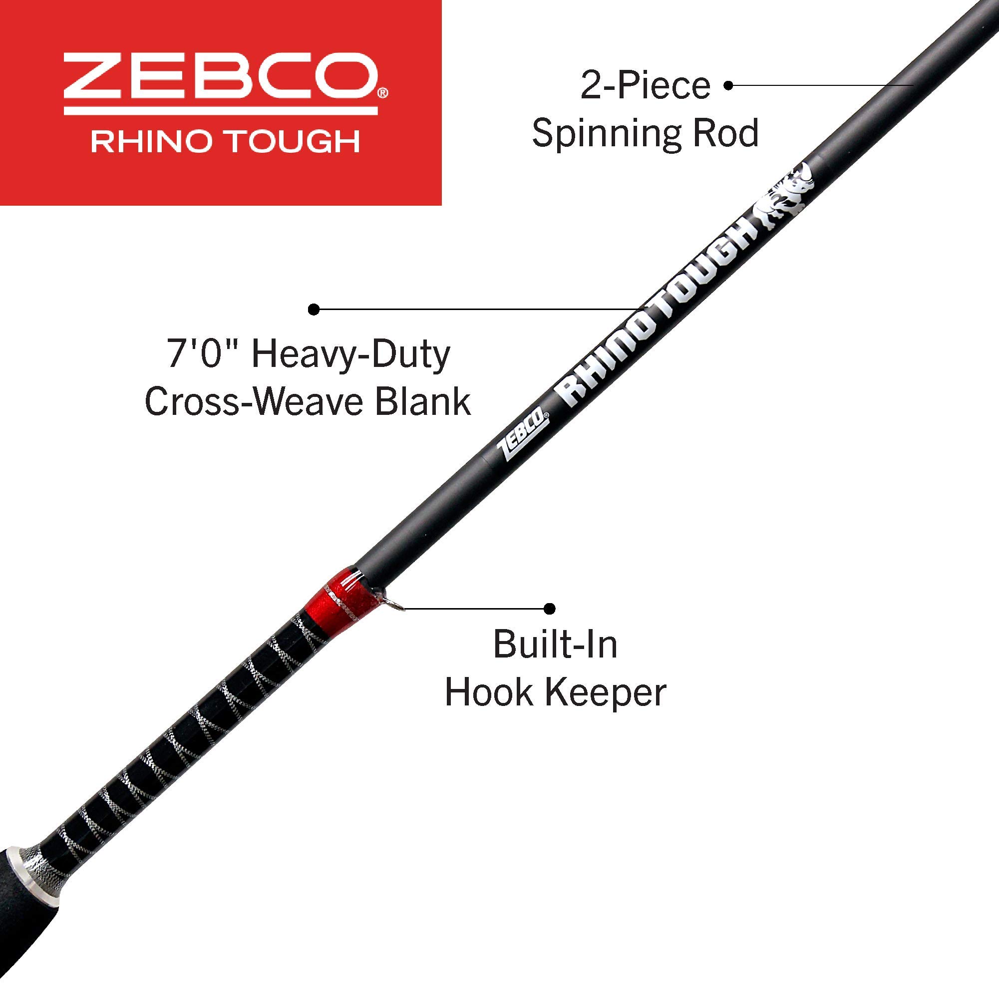 Zebco Rhino Tough Spinning Fishing Rod, 7-Foot 2-Piece Heavy-Duty Cross-Weave Fishing Pole, Comfortable EVA Rod Handle, Heavy-Duty Guides, Stainless Steel D-Frame Tip Guide, Medium Power, Black