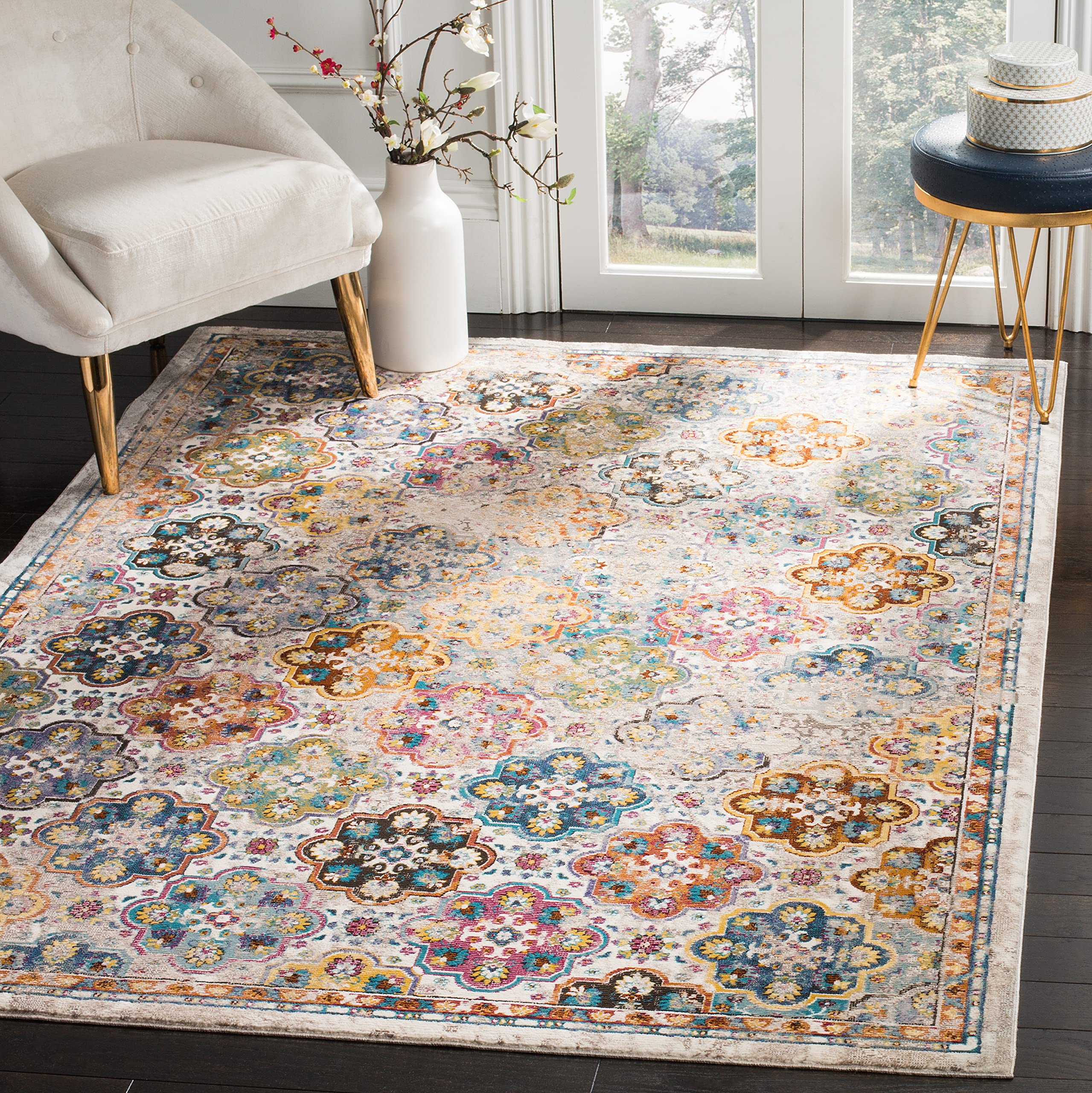 SAFAVIEH Aria Collection Area Rug - 9' x 12', Beige & Multi, Floral Distressed Design, Non-Shedding & Easy Care, Ideal for High Traffic Areas in Living Room, Bedroom (ARA161E)