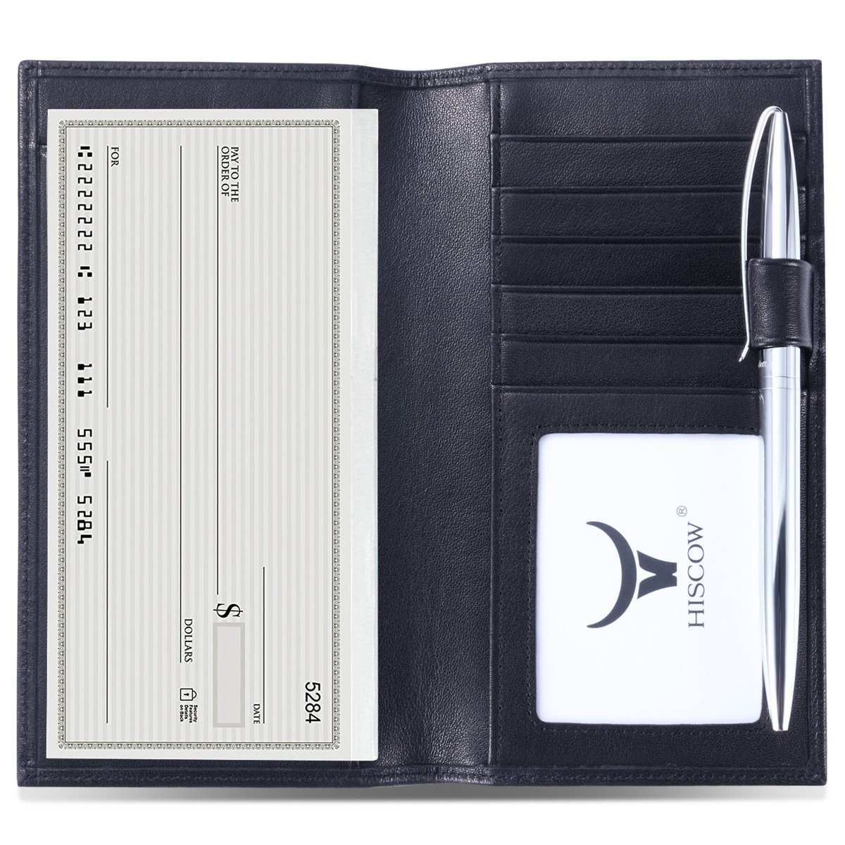 HISCOW Soft Leather Checkbook Cover & Card Holder with Divider - Italian Calfskin (Black)