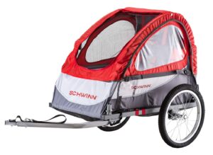 schwinn trailblazer plus single child bike trailer, for 1 child only up to 40 lbs., additional 12 lbs. of convenient storage capacity, canopy, 16-inch air-filled tires, red