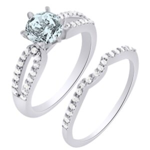 AFFY 2ct Simulated Blue Aquamarine & White Diamond Bridal Engagement Ring Set in 14k Solid Gold with Ring Set Size 13.5