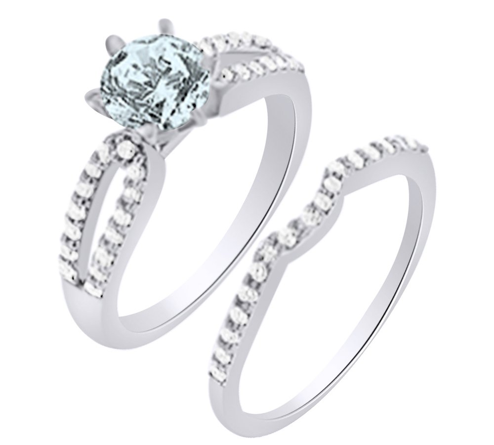 AFFY 2ct Simulated Blue Aquamarine & White Diamond Bridal Engagement Ring Set in 14k Solid Gold with Ring Set Size 13.5