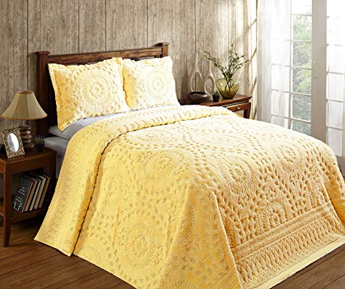 Better Trends 100% Cotton Chenille Bedspreads King Size, Rio Collection Floral Design Bed Cover in Yellow - Tufted Cotton Bedspreads, Lightweight Bedspreads & Coverlets