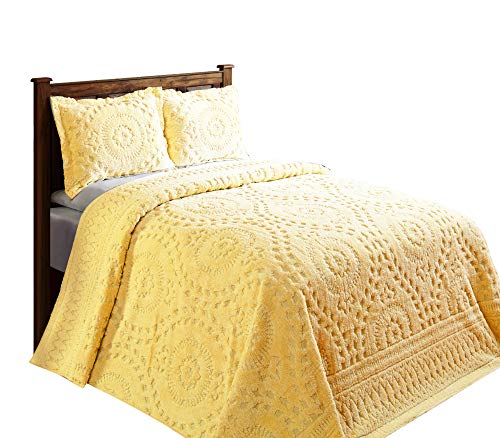 Better Trends 100% Cotton Chenille Bedspreads King Size, Rio Collection Floral Design Bed Cover in Yellow - Tufted Cotton Bedspreads, Lightweight Bedspreads & Coverlets