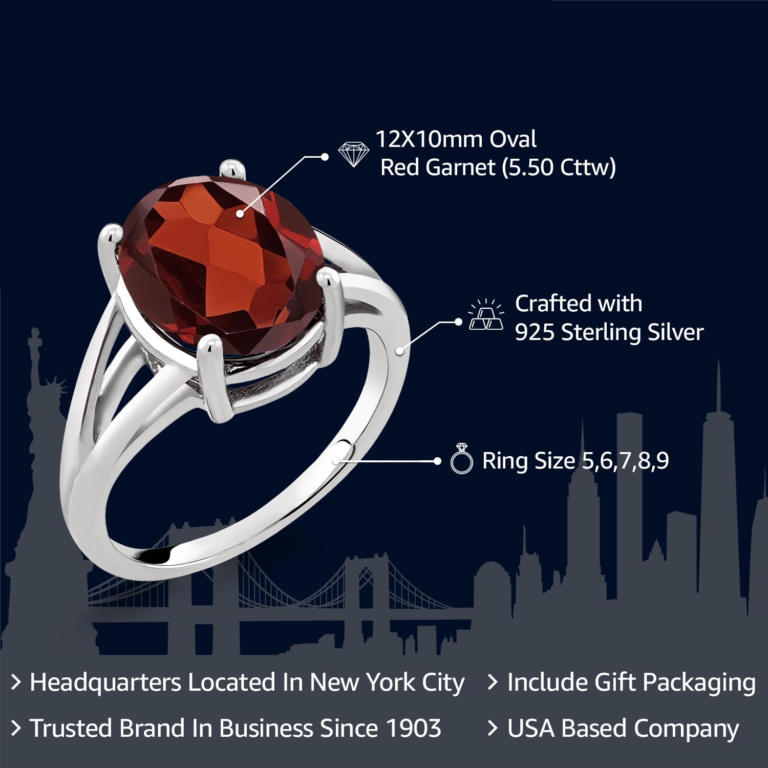 Gem Stone King 925 Sterling Silver Red Garnet Ring For Women (5.50 Cttw, Gemstone January Birthstone, Oval 12X10MM, Available In Size 5,6,7,8,9)