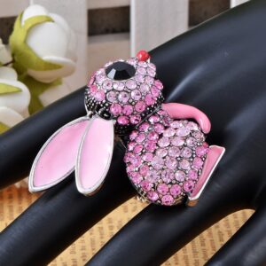 Alilang Handpainted Hot Neon Pink Enamel Bunny Rabbit Crystal Rhinestone Ring