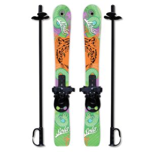 sola winter sports kid's beginner snow skis and poles with bindings age 3-4 (tiger)