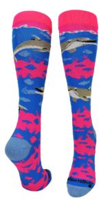 madsportsstuff happy dolphins over the calf socks (electric blue/neon pink, small)