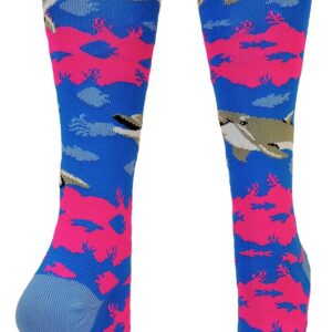 MadSportsStuff Happy Dolphins Over the Calf Socks (Electric Blue/Neon Pink, Small)