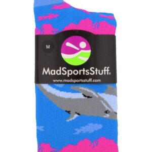 MadSportsStuff Happy Dolphins Over the Calf Socks (Electric Blue/Neon Pink, Small)