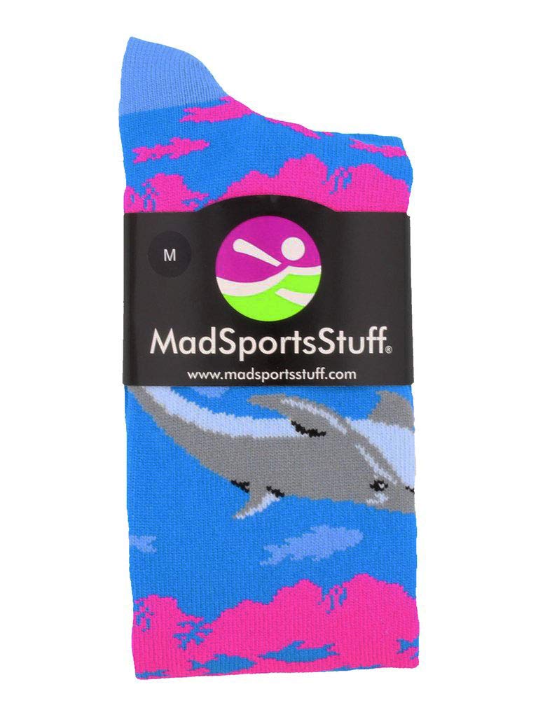 MadSportsStuff Happy Dolphins Over the Calf Socks (Electric Blue/Neon Pink, Small)