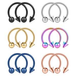 ruifan 12pcs assorted colors surgical steel cbr nose septum horseshoe nipple earring eyebrow tongue lip piercing ring with 5mm balls & spikes 14g 14mm